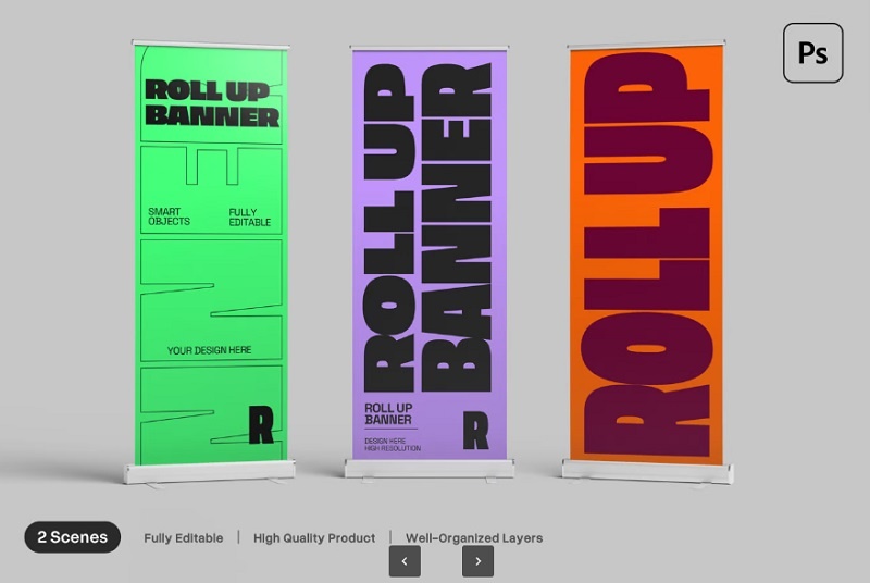 2 موکاپ لایه باز بنر رول آپ Roll Up Banner Mockups